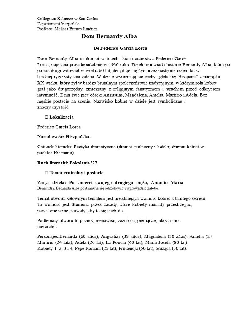 Karta Techniczna Bernardy Alba | PDF