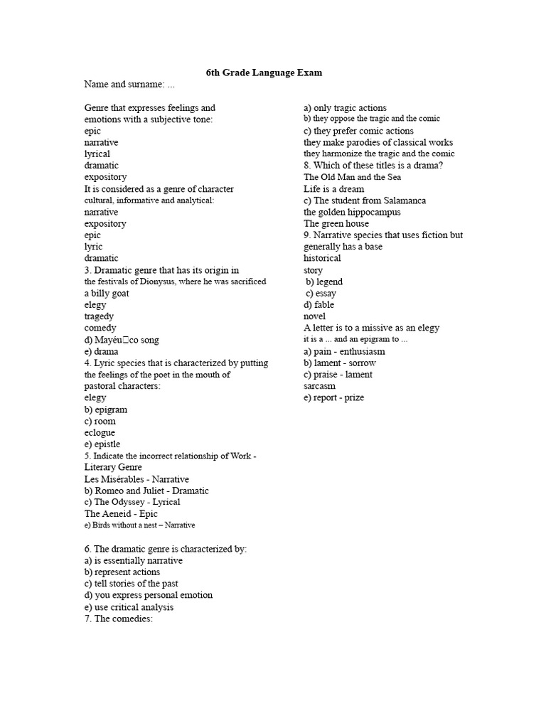 Language Exam 6th Grade of Literary Genres | PDF | Genre | Narrative