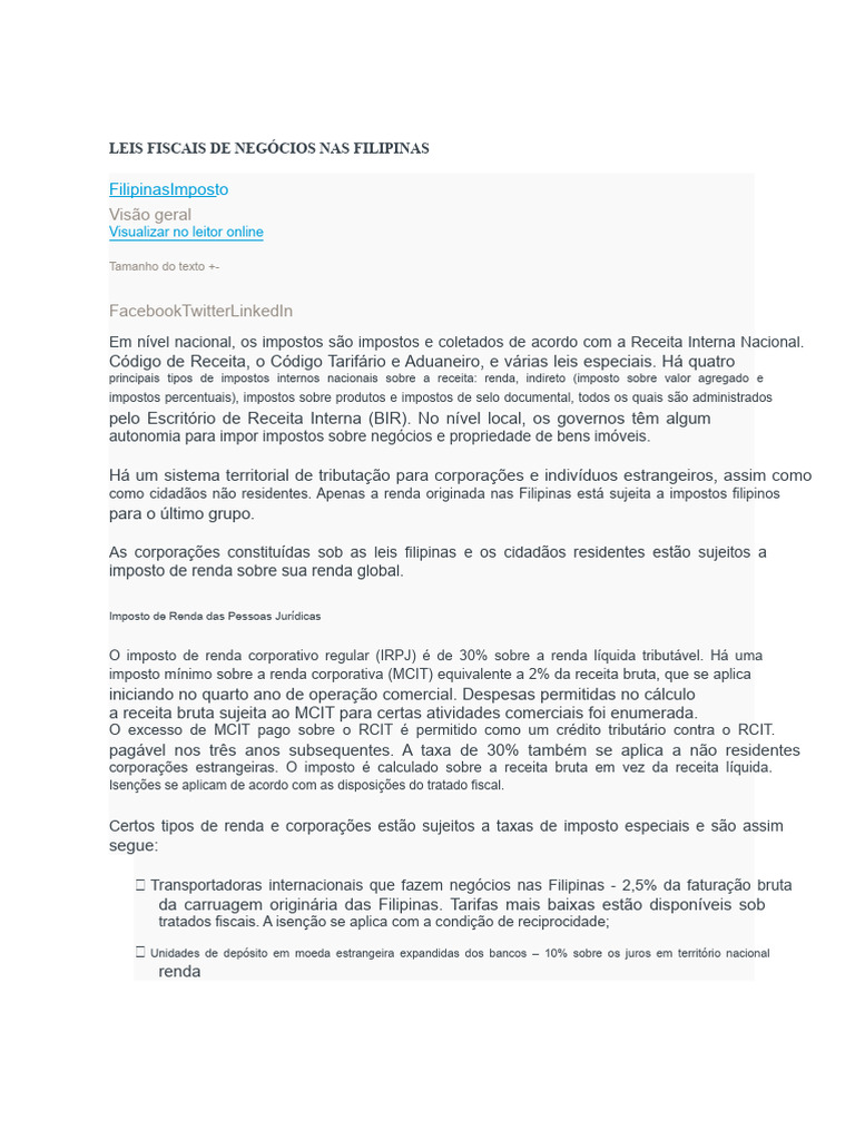 LEIS FISCAIS EMPRESARIAIS NAS FILIPINAS | PDF | Imposto sobre Valor ...