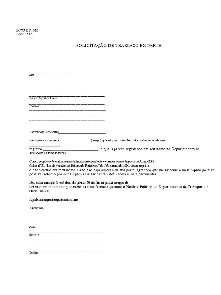 DTOP-DIS-022 Transferência Ex Parte | PDF