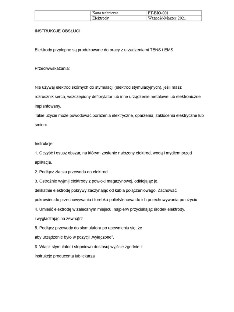 Karta Techniczna Elektrod | PDF