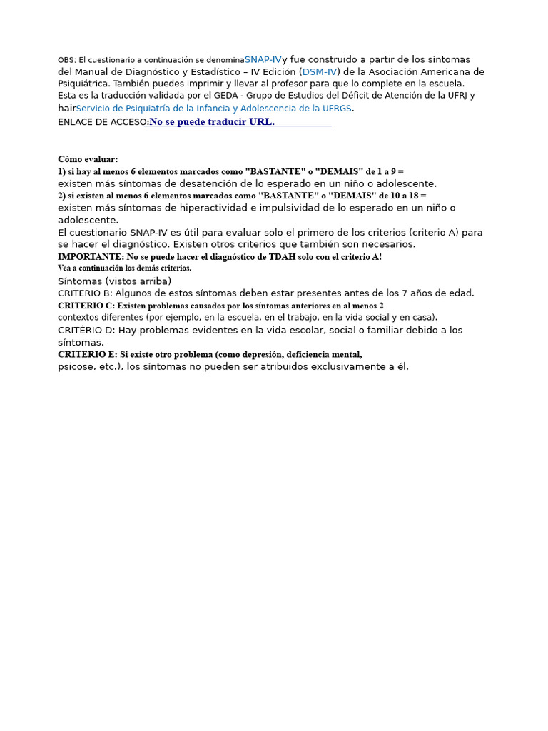 Ficha Técnica del Cuestionario SNAP-IV | PDF