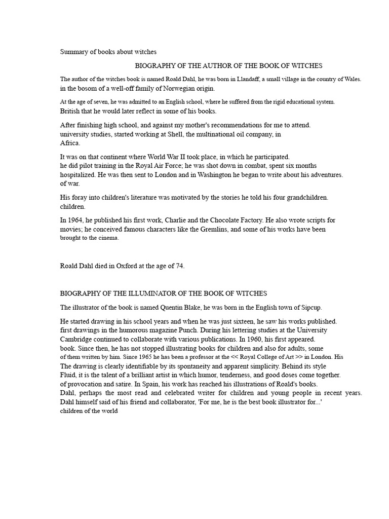 Roald Dahl's "The Witches" Summary | PDF