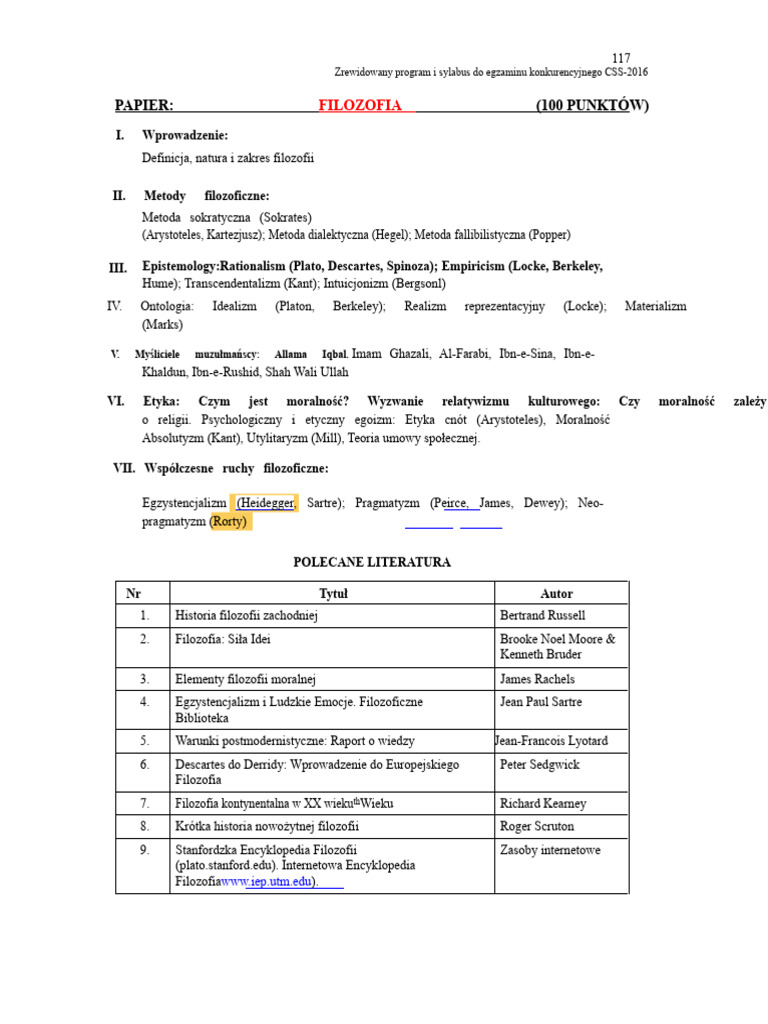 Syllabus Filozofii CSS, PMS | PDF