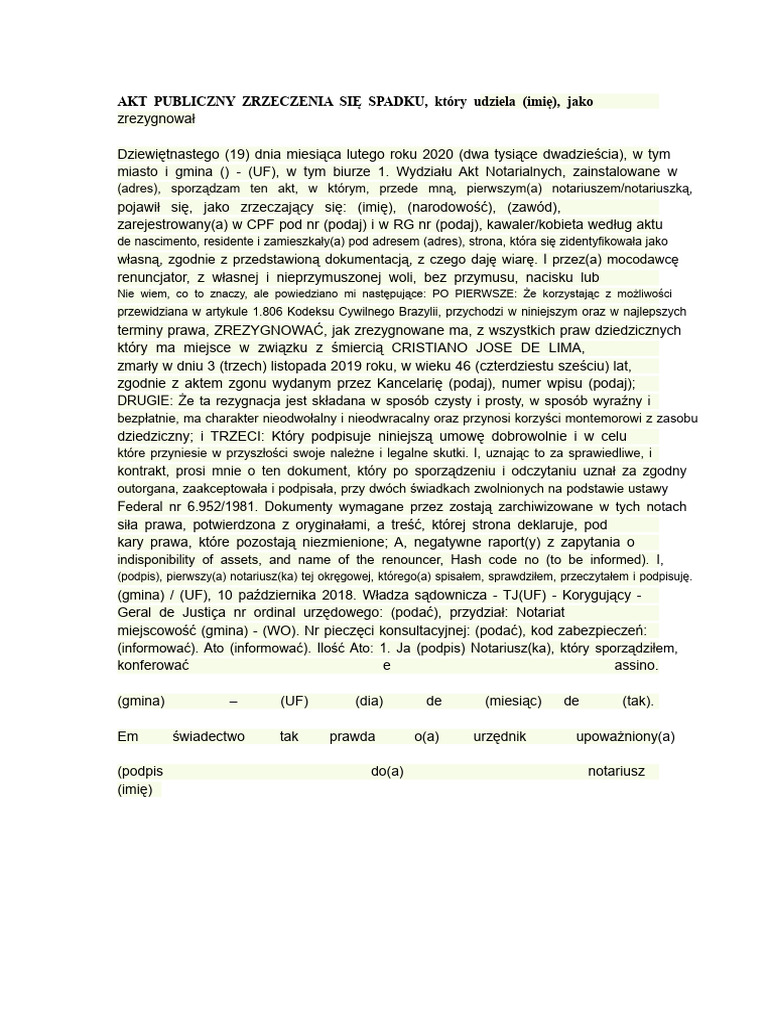 PUBLICZNY AKT ZRZECZENIA SIĘ SPADKU - Wzór | PDF