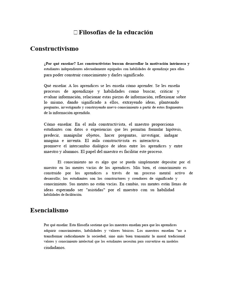 Filosofías educativas: Constructivismo y Esencialismo | PDF ...
