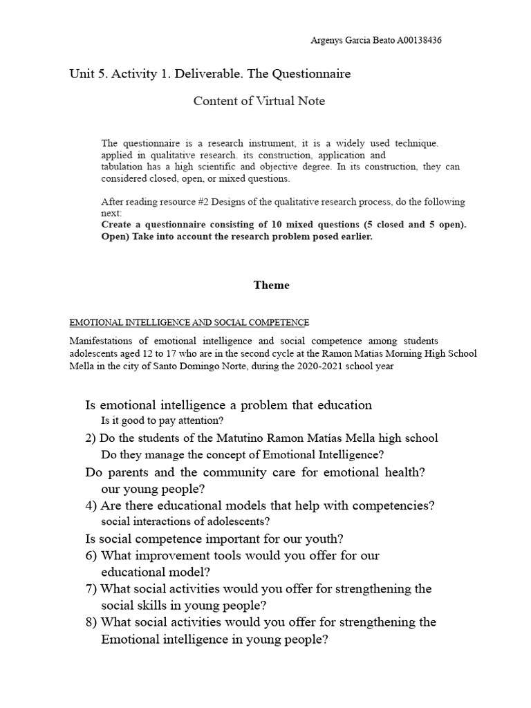 Garcia-Argenys-Unit 5. Activity 1. Deliverable. The Questionnaire | PDF