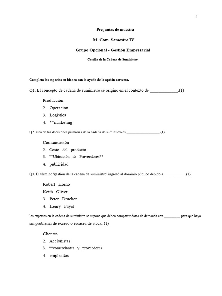 Gestión Empresarial - Sem-IV - Gestión de La Cadena de Suministro-MCQ | PDF | Gestión de la ...