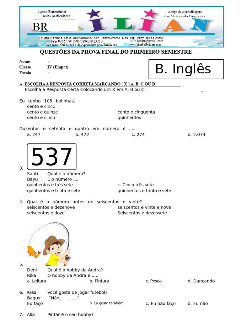 Prova UAS de Língua Inglesa para a 4ª série do Ensino Fundamental - 1º Semestre (Ímpar) e ...