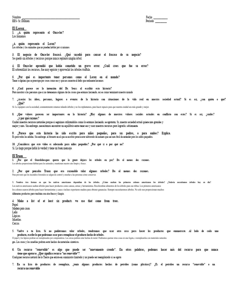 Preguntas de Lorax Truax | PDF