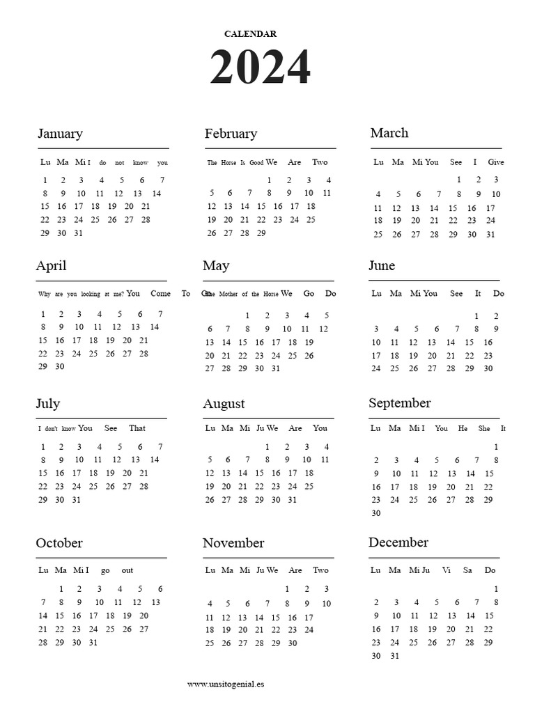 A4 Document Annual Calendar 2024 Simple Black and White | PDF