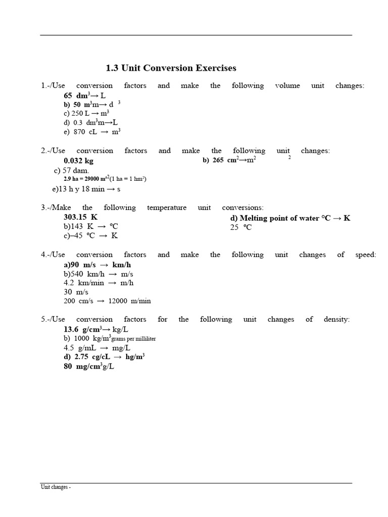 1.3 Unit Conversion Exercises With Conversion Factor With Solution | PDF