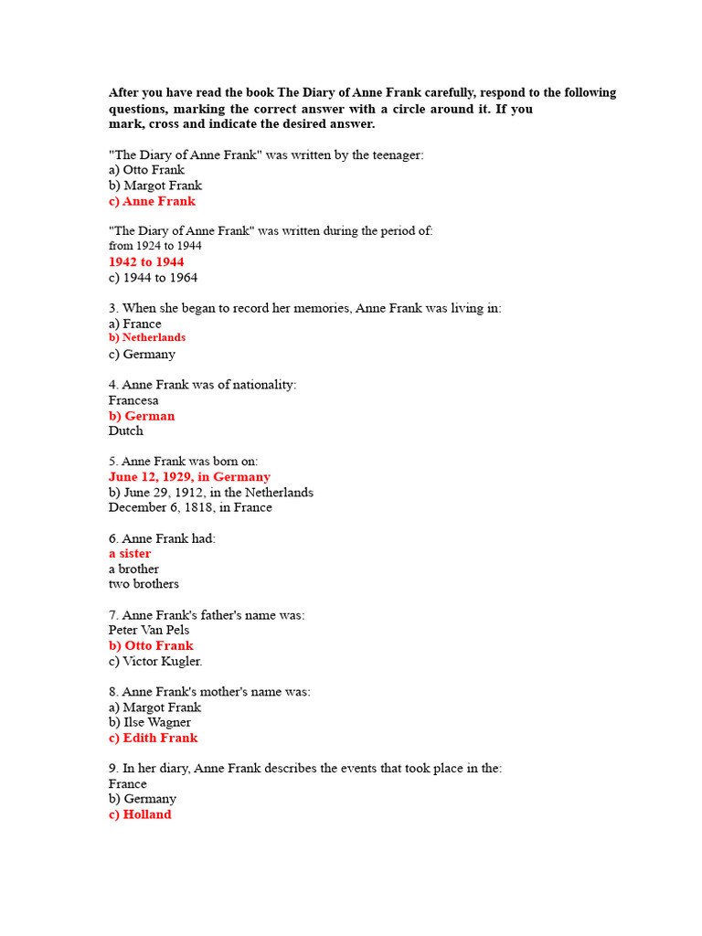 Anne Frank Diary Quiz and Reflection | PDF | Anne Frank | Nazi War Crimes