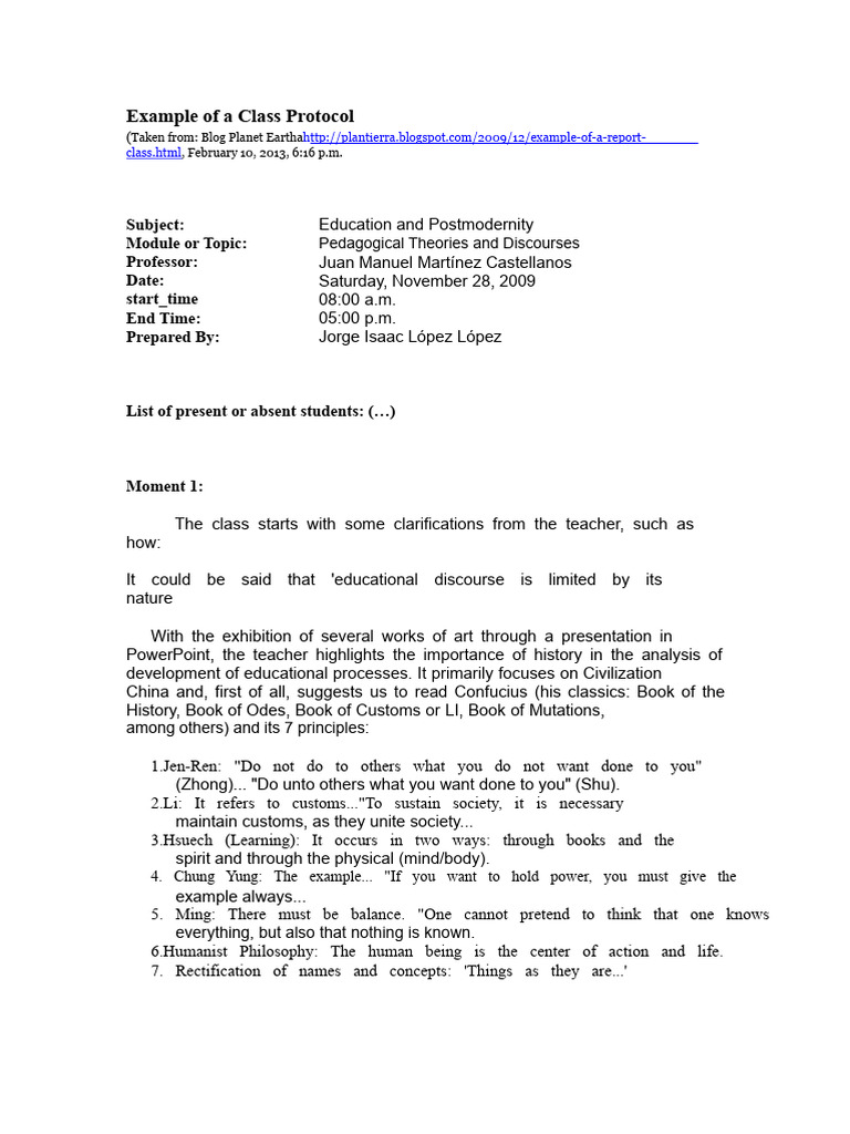 Example of a Class Protocol | PDF | Reality | Liberal Arts Education