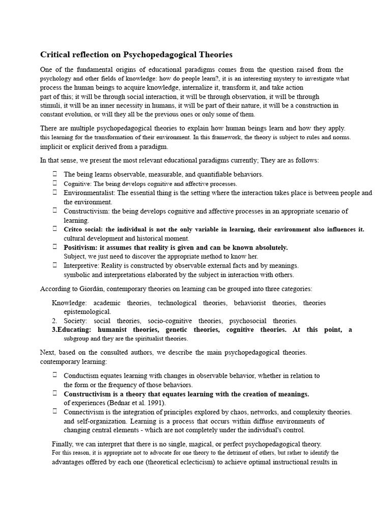 Critical Reflection - Psychopedagogical Theories | PDF | Constructivism (Philosophy Of Education ...