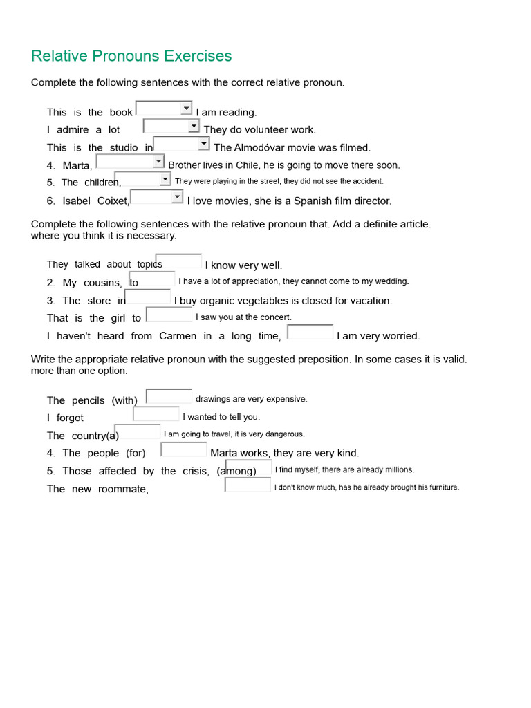 Relative Pronouns Practice Exercises | PDF | Linguistic Morphology ...