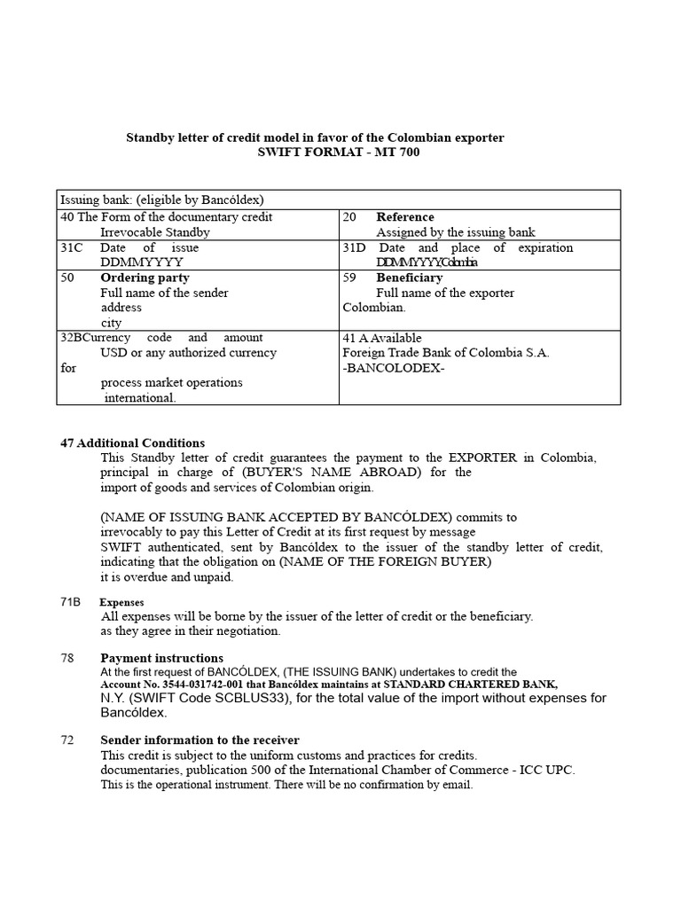 Standby Letter of Credit for Colombian Exporters | PDF