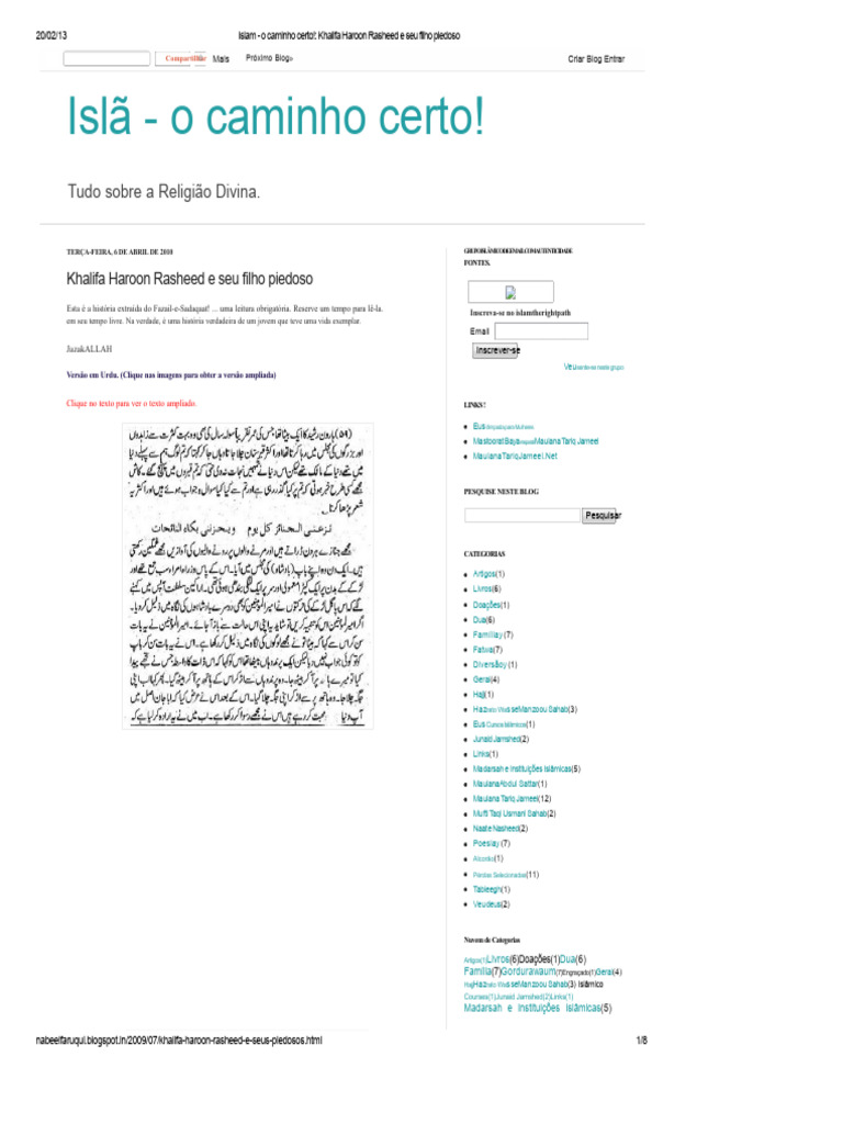 A História Do Califa Harun Al-Rashid e Seu Filho Piedoso. | PDF