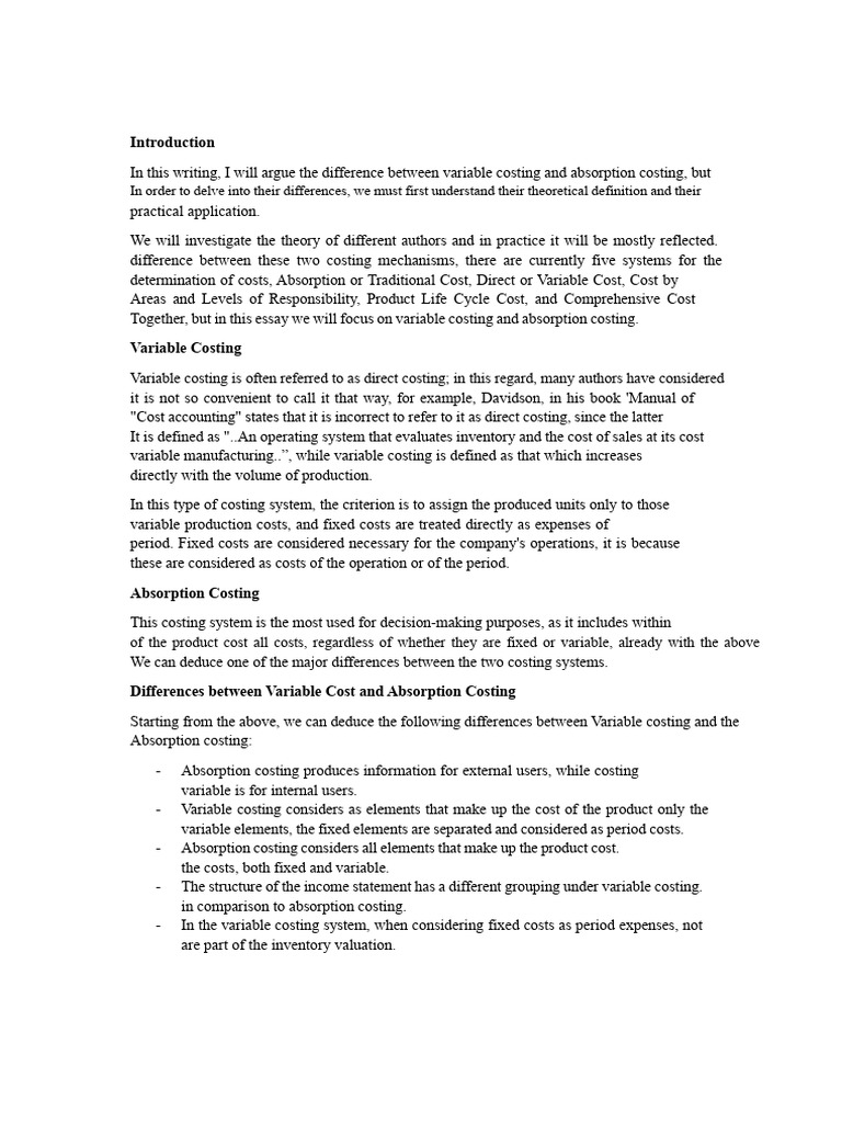 Essay Between Variable Costing and Absorption Costing | PDF | Cost | Inventory