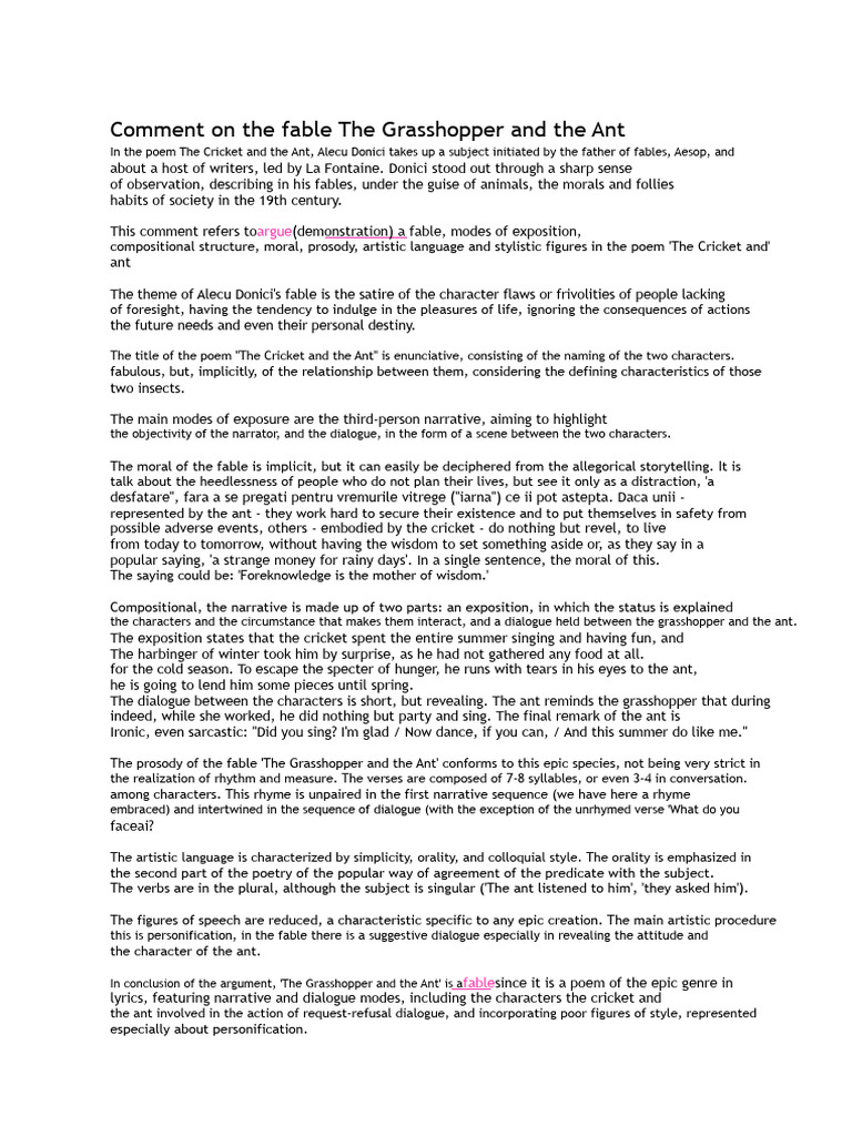 Comment On The Fable of The Grasshopper and The Ant | PDF | Fable | Poetry