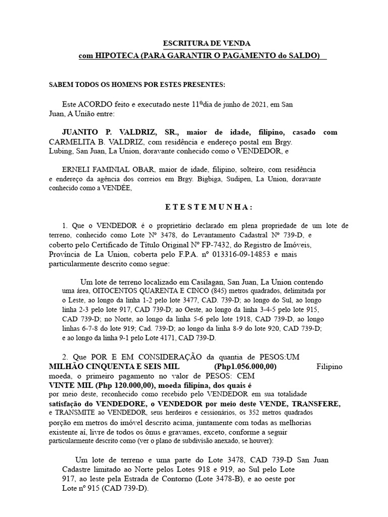 Escritura de Venda Com Hipoteca para Garantir o Pagamento Do Saldo ...
