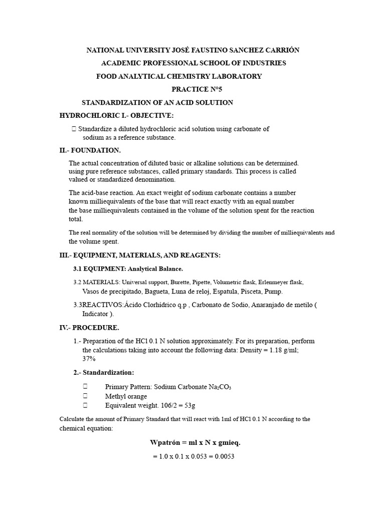 LABORATORY No. 5 STANDARDIZATION OF HYDROCHLORIC ACID | PDF | Hydrochloric Acid | Titration