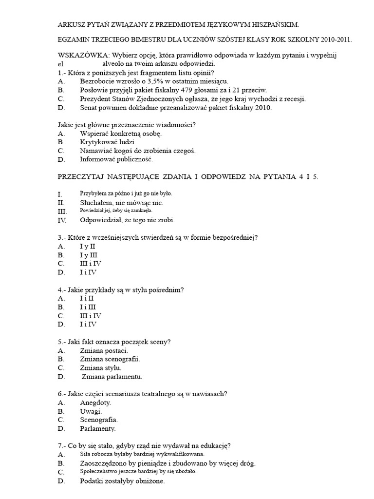 Egzamin Z Trzeciego Semestru W Szóstej Klasie Szkoły Podstawowej | PDF