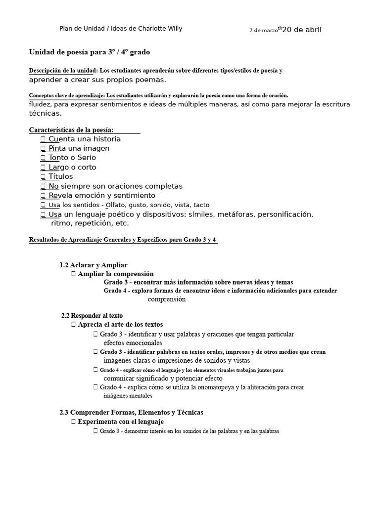 Plan de Unidad de Poesía para 3er y 4to Grado | PDF | Poesía | Aprendizaje