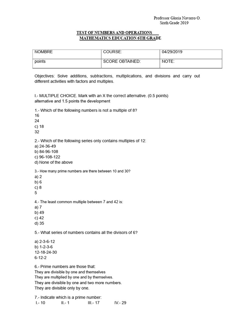 6th Grade Math Test: Numbers & Operations | PDF | Multiplication ...
