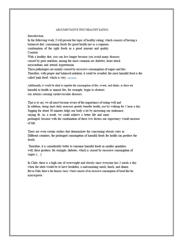 Argumentative Text on Healthy Eating | PDF | Healthy Diet | Diet ...