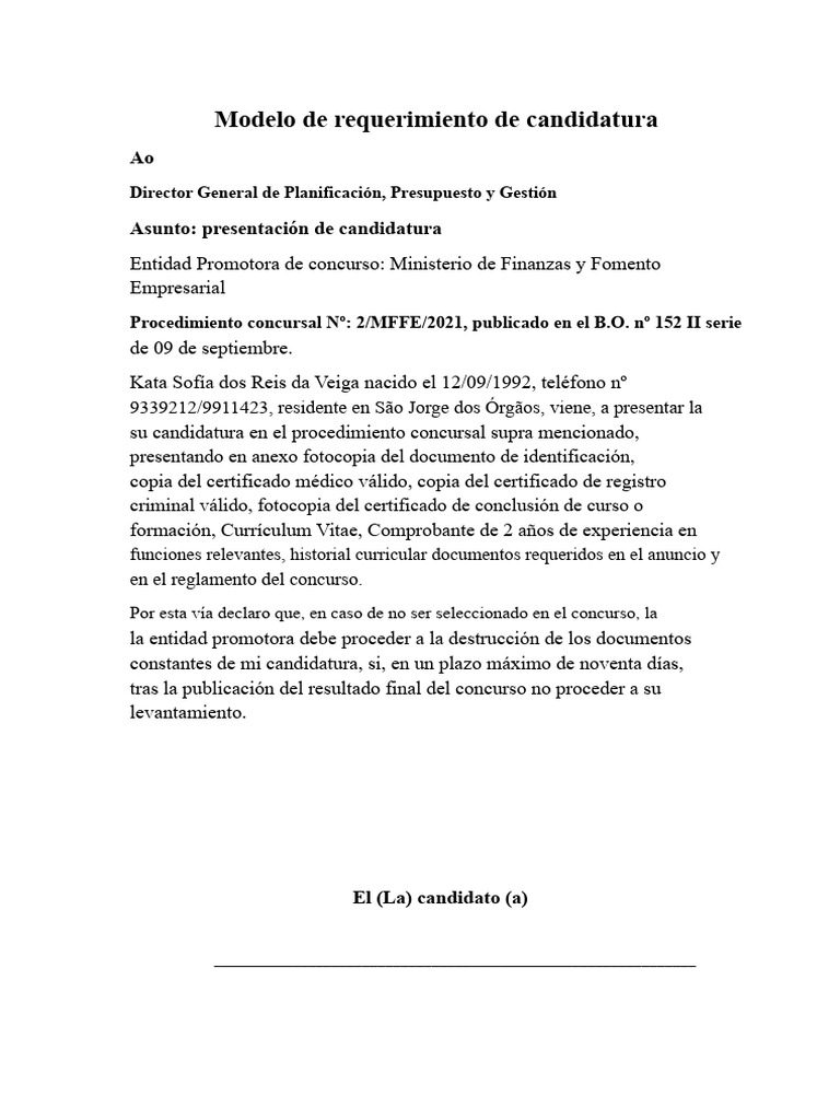 Modelo de Solicitud de Candidatura | PDF