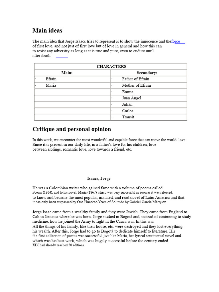 Main Ideas of The Novel Maria | PDF