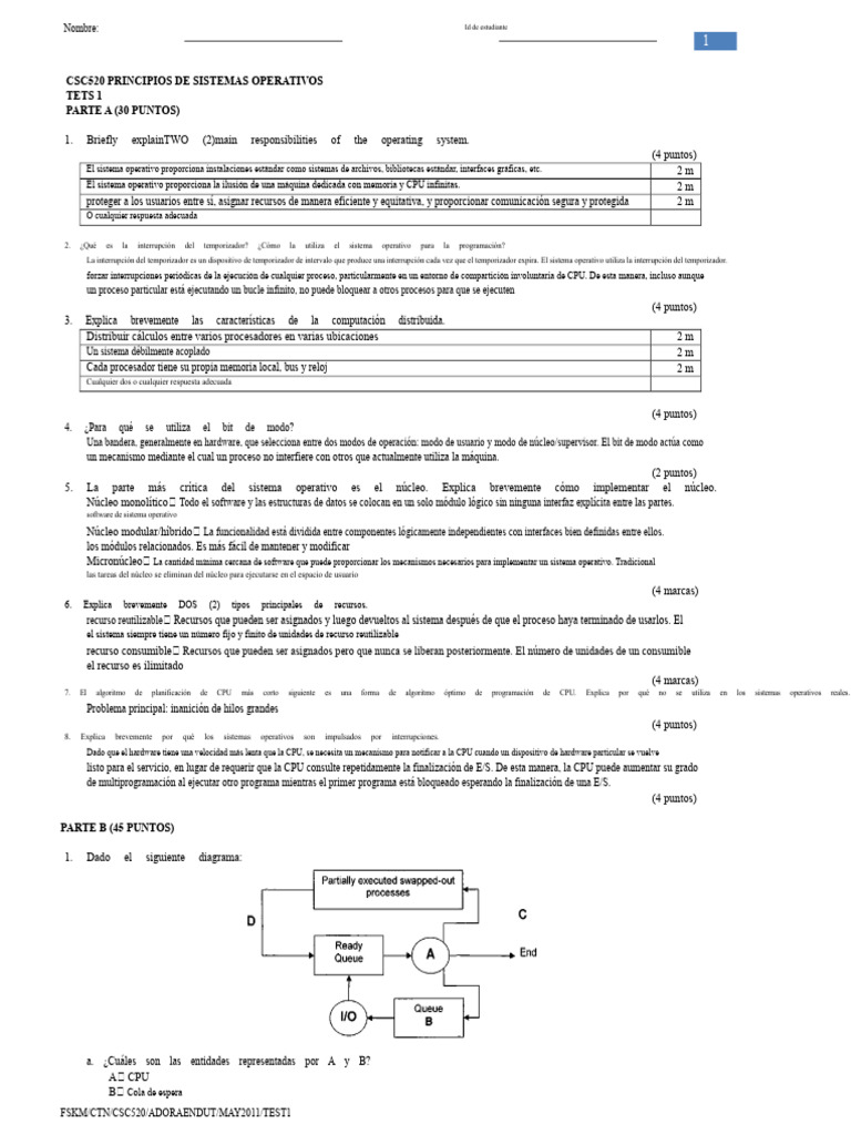 CSC520 - Prueba 1 - Esquema de Respuestas | PDF | Kernel (sistema operativo) | Sistema operativo