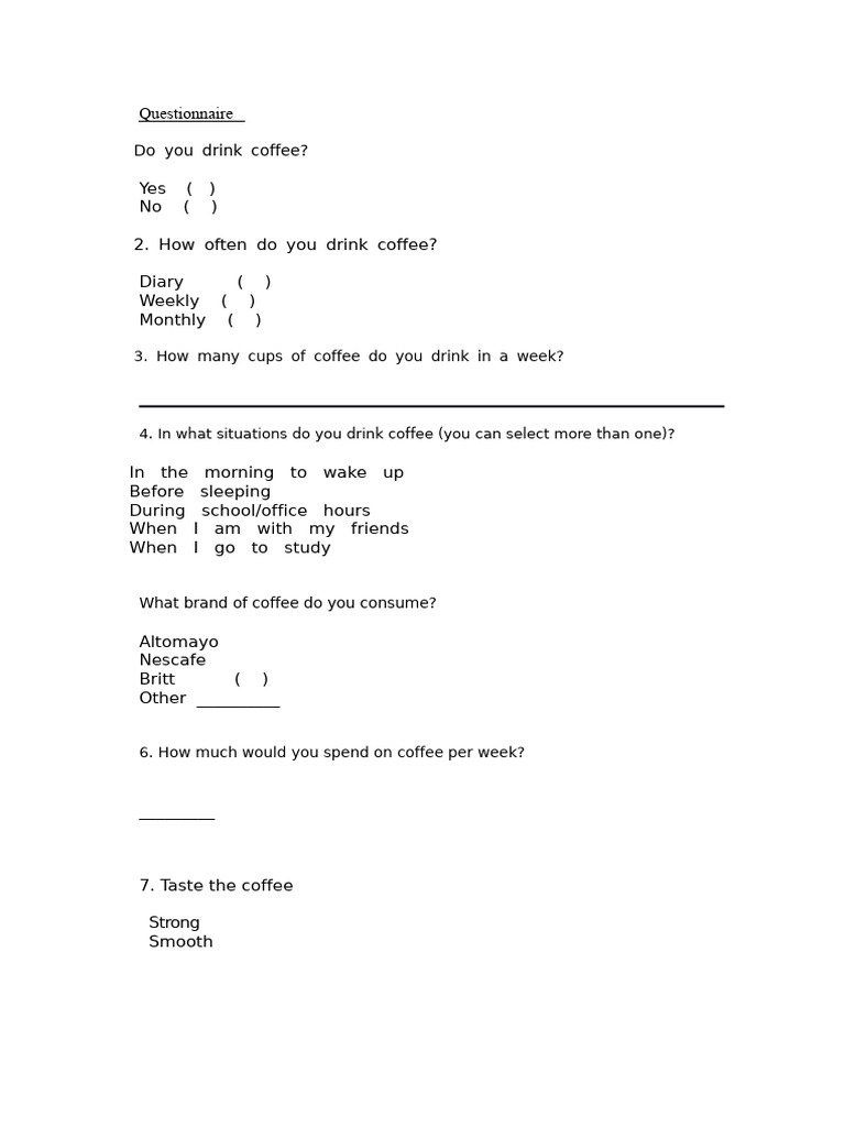 Coffee Consumption Survey Questionnaire | PDF | Coffee | Brand
