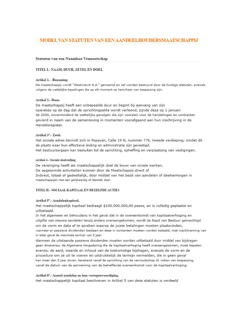 Model Van Statuten Van Een Naamloze Vennootschap | PDF