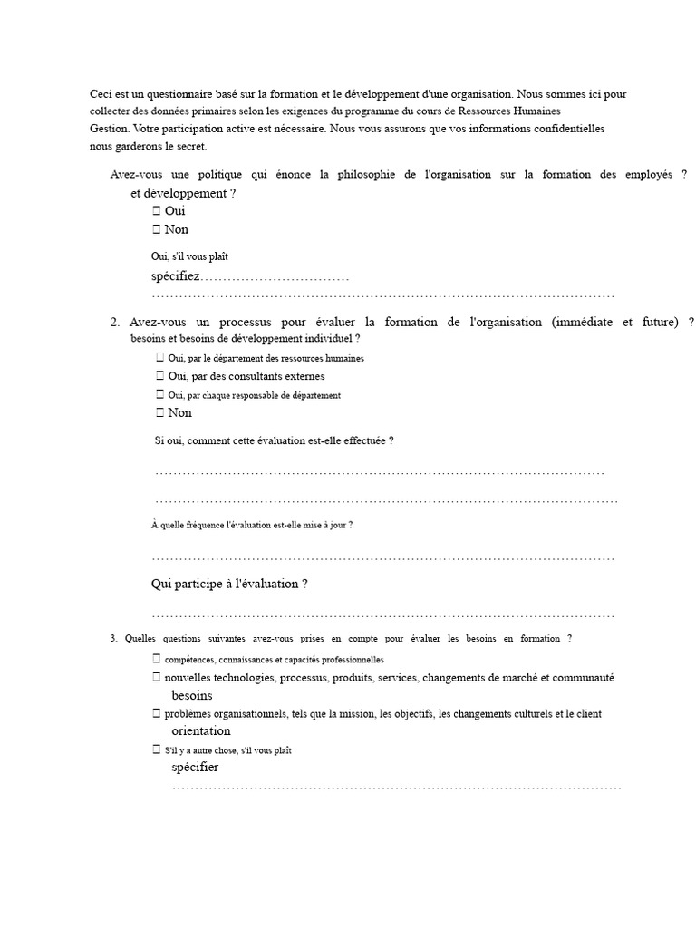 Questionnaire sur la Formation en Entreprise | PDF | Gestion des ...