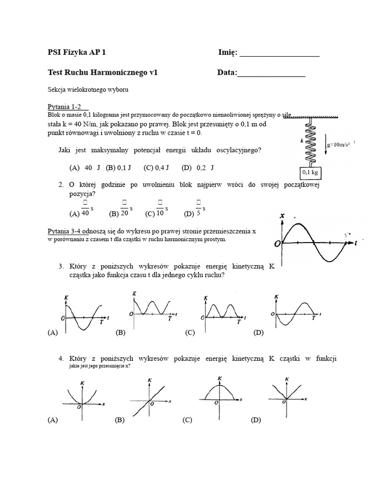 Ap Fiz1 - Ap1 - Oscylacje Test v1 - 2020 01 17 | PDF