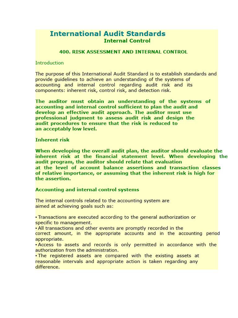 Risk Assessment and Internal Control - NIA 400 | PDF | Internal Control ...
