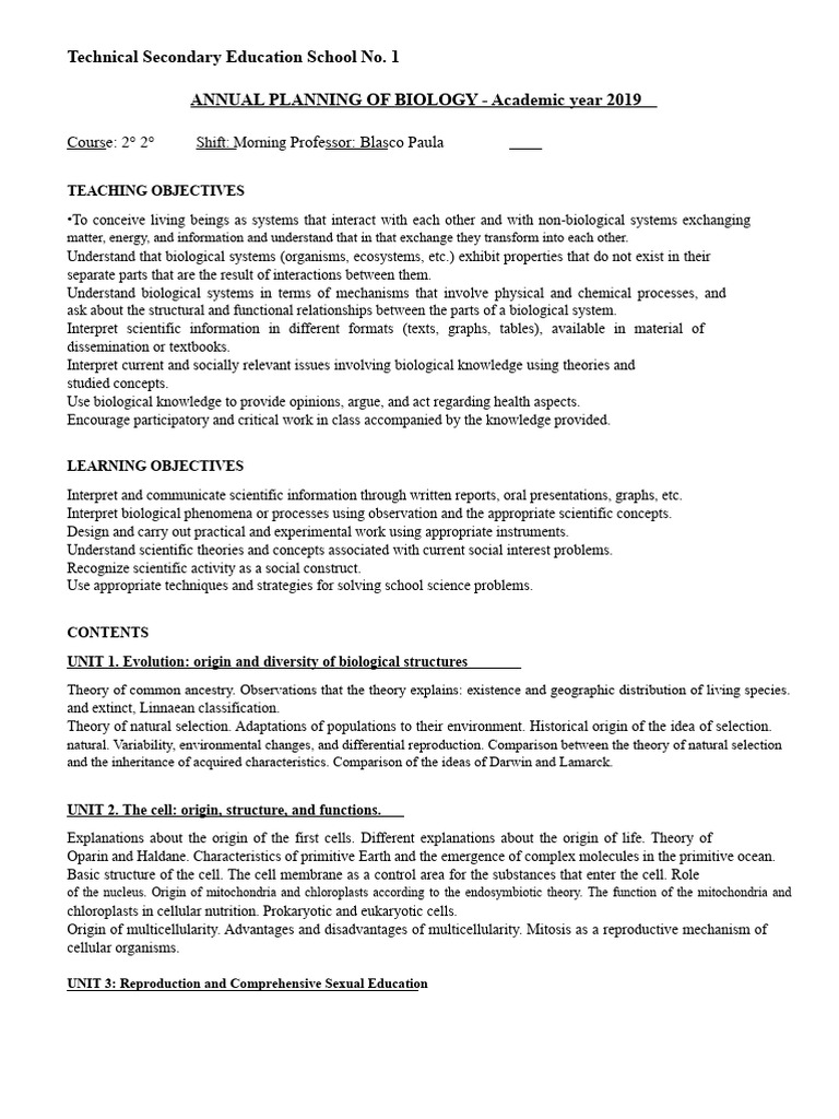 BIOLOGY PLANNING 2019 - 2nd Year | PDF | Cell (Biology) | Sexual ...