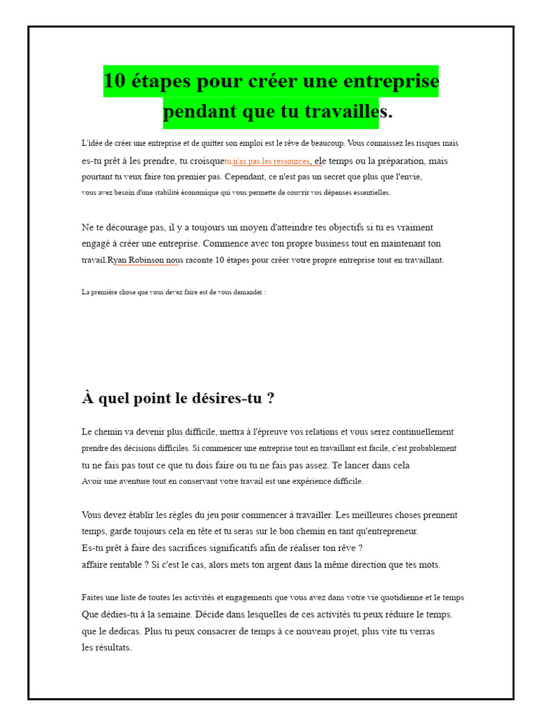 10 étapes pour créer une entreprise en travaillant | PDF | Business ...