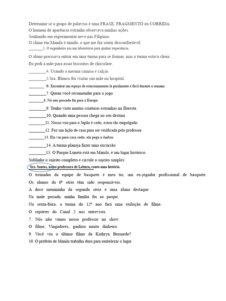 Determine se o grupo de palavras é uma FRASE.docx | PDF | Assunto (gramática) | Linguística