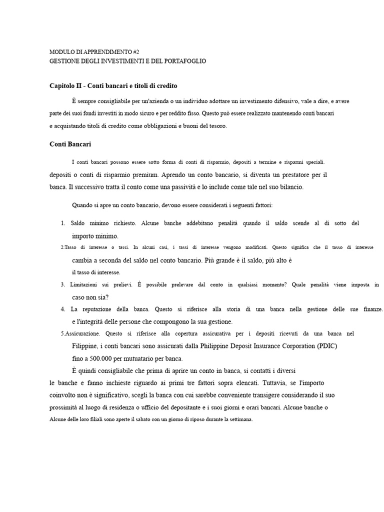 Modulo Di Apprendimento 2: Investimenti e Gestione Del Portafoglio | PDF