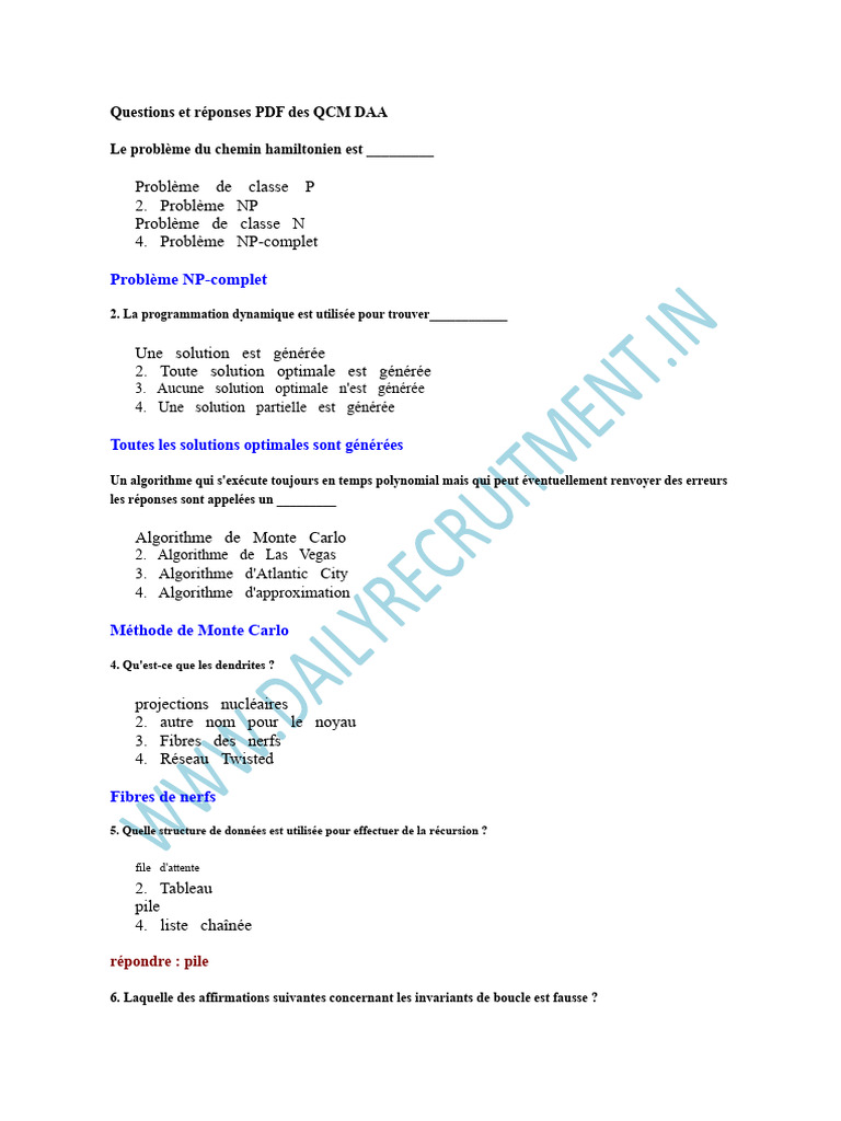QCM DAA : Problèmes et Algorithmes | PDF | Programmation dynamique ...