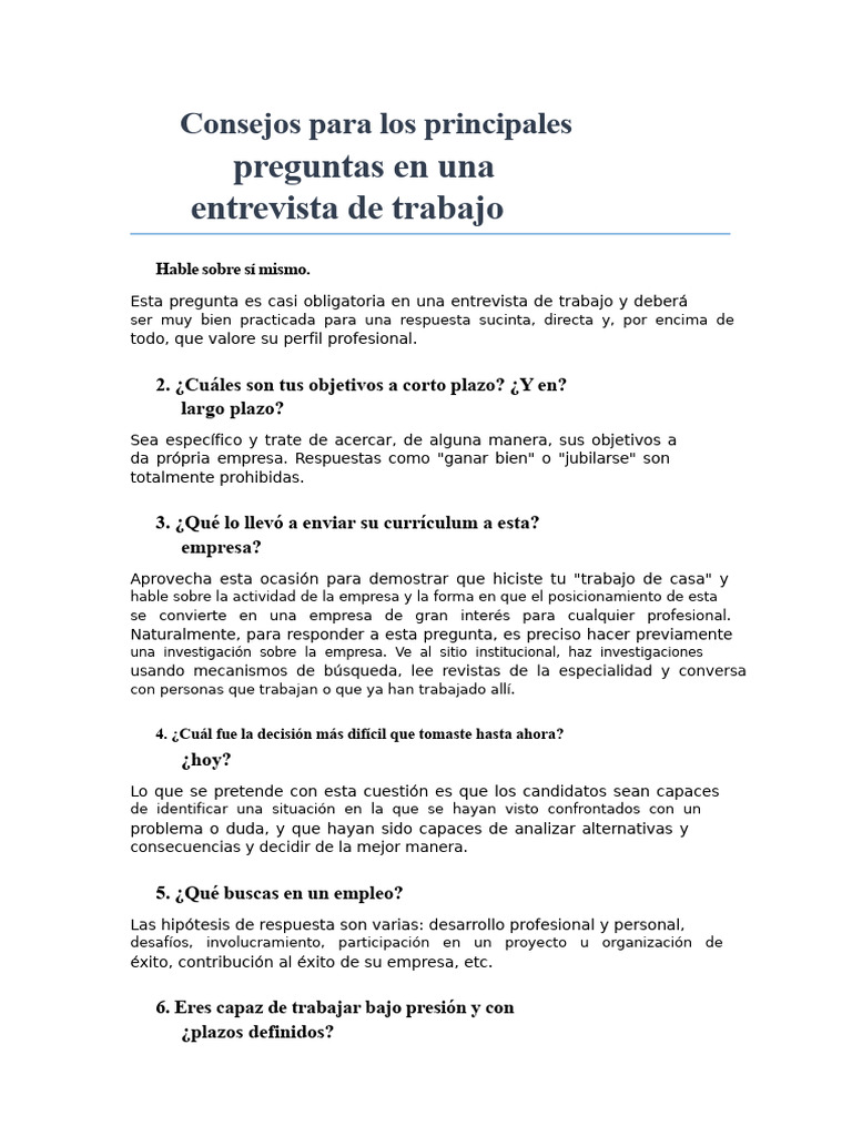 Consejos para las principales preguntas en una entrevista de trabajo ...