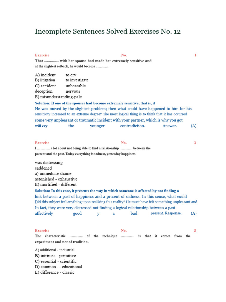 Incomplete Sentences Resolved Exercises No. 12 | PDF | Reason
