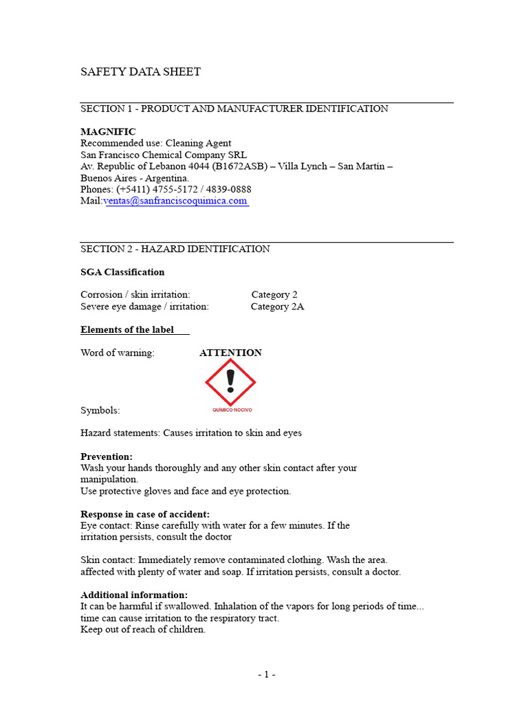 Magnific Cleaning Agent Safety Data Sheet | PDF | Working Conditions ...