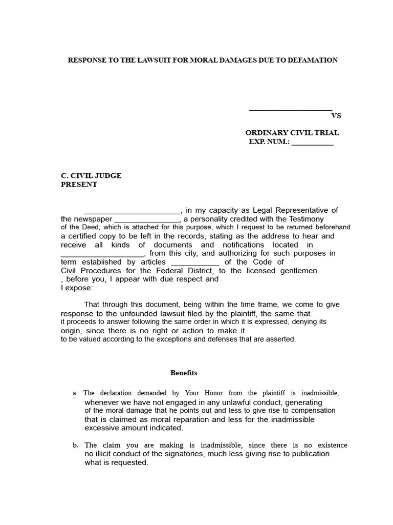 Response To The Lawsuit For Moral Damage Due To Defamation | PDF ...