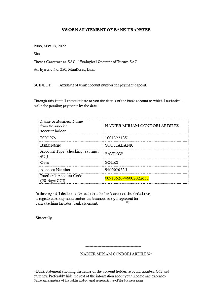 Bank Transfer Affidavit Template | PDF