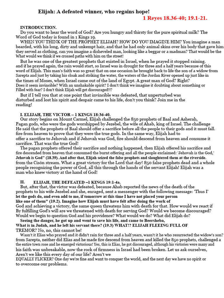 Elijah - A Defeated Victor Who Regains Hope! - 1 Kings 19:1-21 | PDF ...
