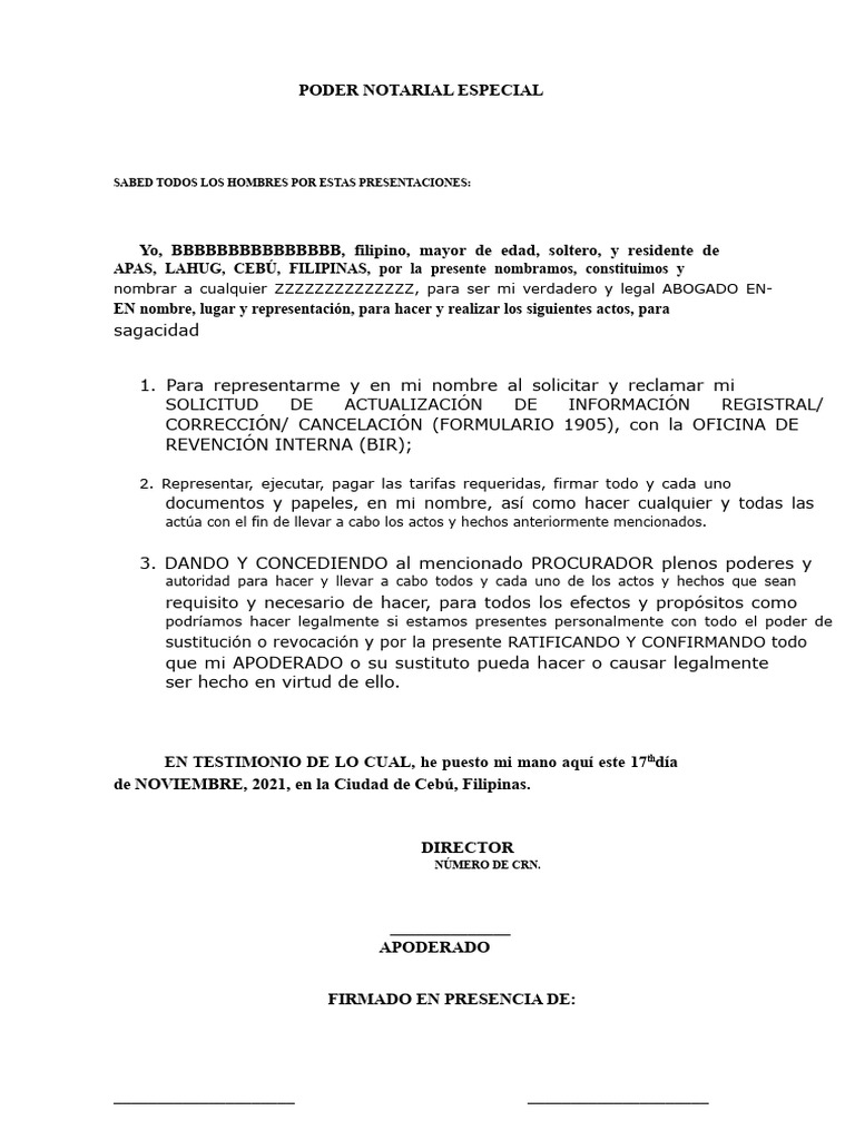 Poder Notarial Especial Formulario Bir 1905 | PDF